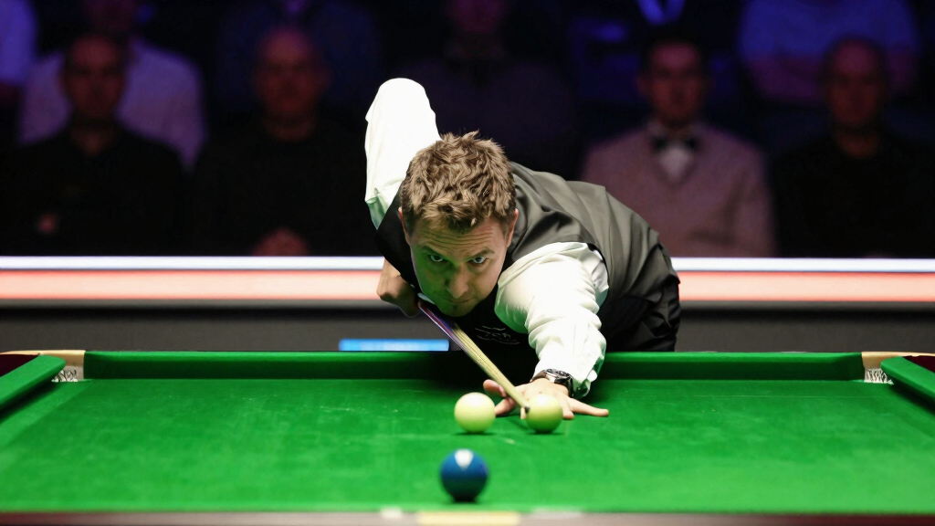 Snooker player making precision shot over green baize championship table